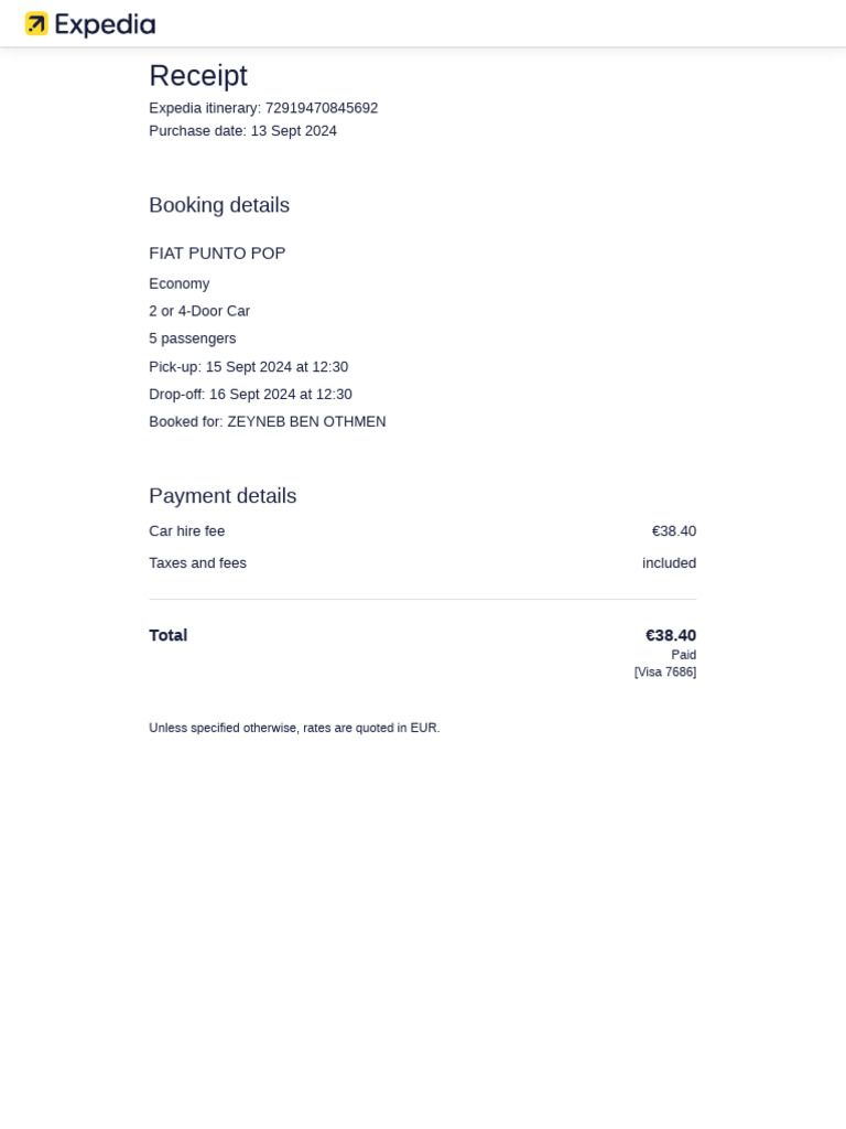 Expedia Car Rental Receipt: FIAT PUNTO | PDF