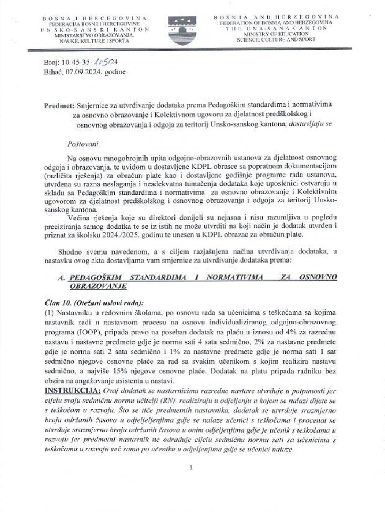 Smjernice Za Utvrđivanje Dodataka U Skladu Sa PS I Kolektivnim Ugovorom Za Osnovno Obrazovanje ...