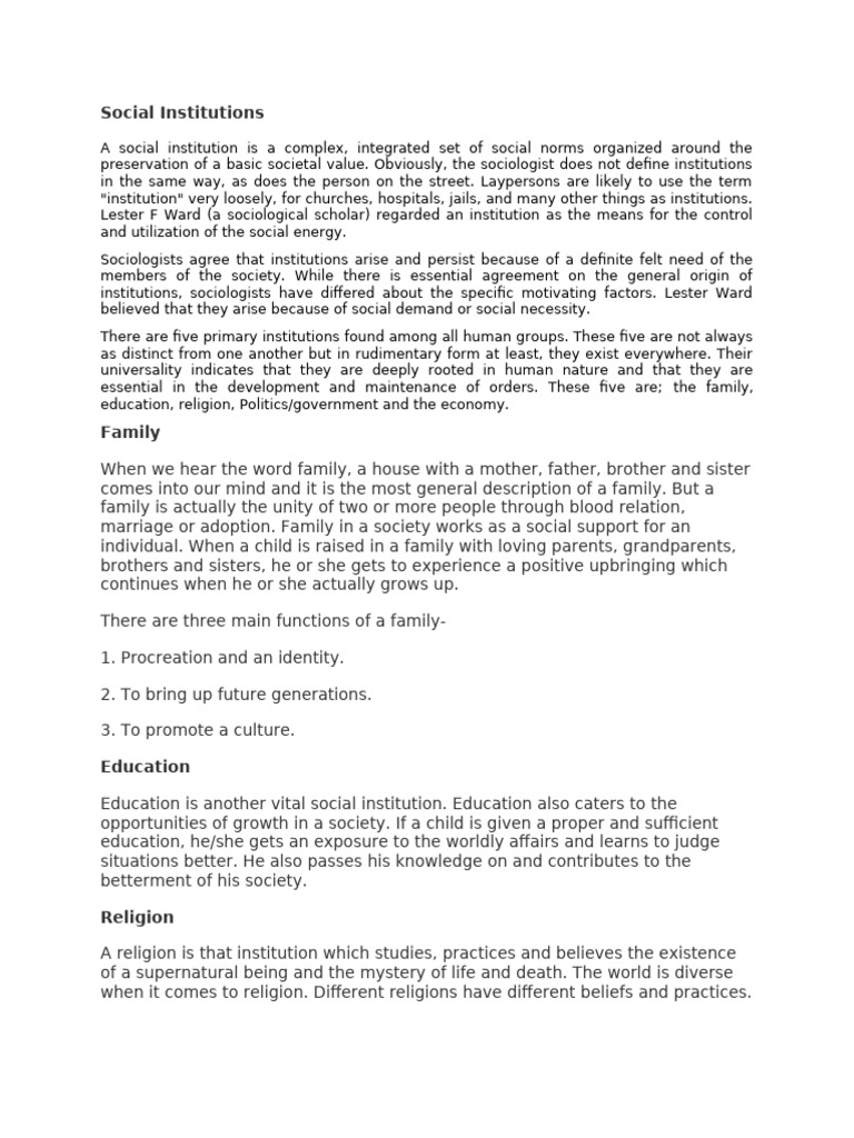 Basic Social Institutions | PDF | Institution | Family
