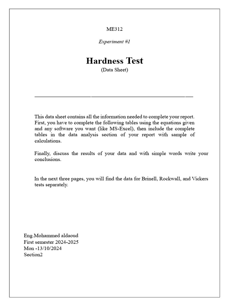 Hardness Test Datasheet | PDF | Tests | Mechanical Engineering