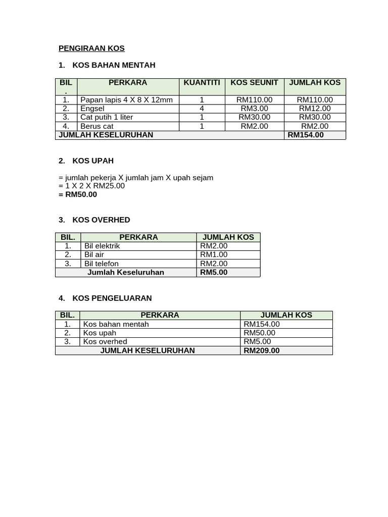 Pengiraan Kos MTK1 | PDF