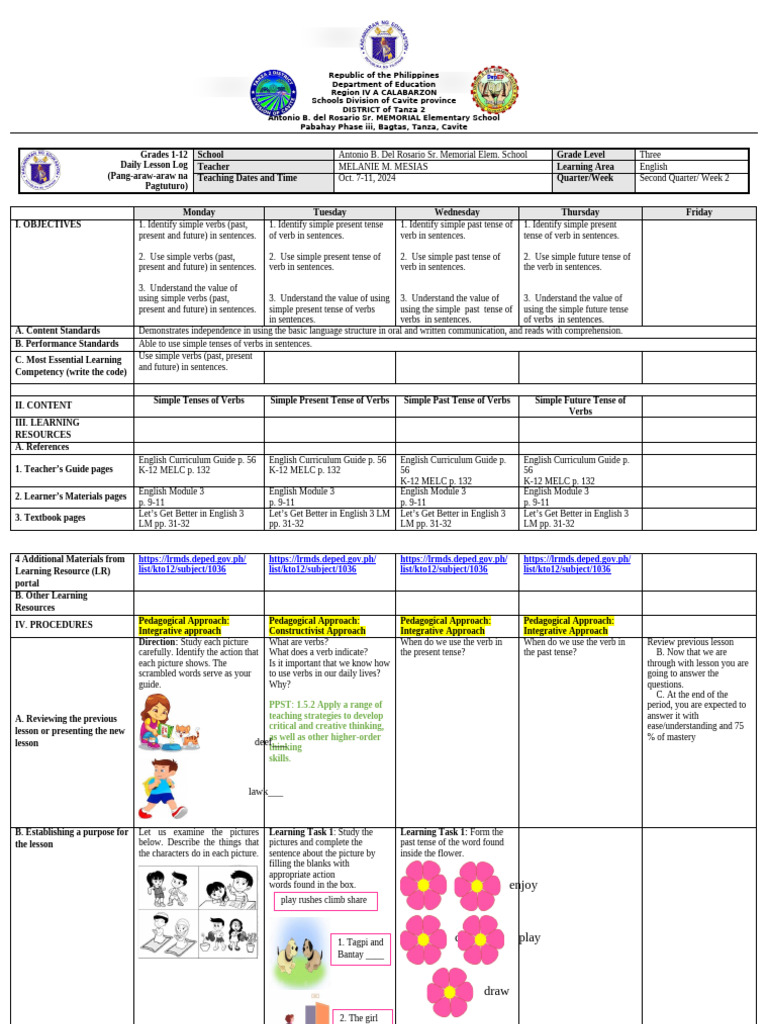 DLL-ENGLISH-Q2W2 (1) | PDF | Grammatical Tense | Verb