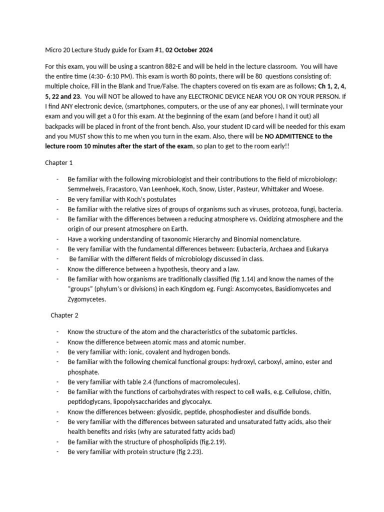 Micro 20 Lecture Study Guide For Exam 1 Fall 2024 | PDF | Bacteria ...