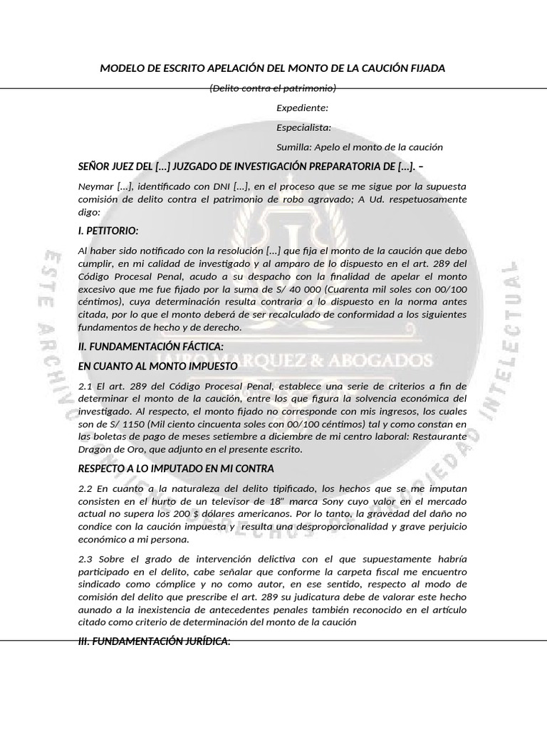 Modelo de Escrito Apelacíón Del Monto de La Caución Fijada | PDF | Ley Pública | Justicia