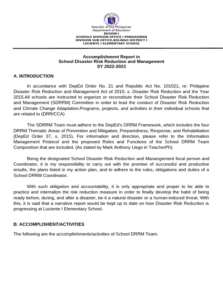 Drrmc-Accomplishment Report - 2022-2023 | PDF | Emergency Management ...