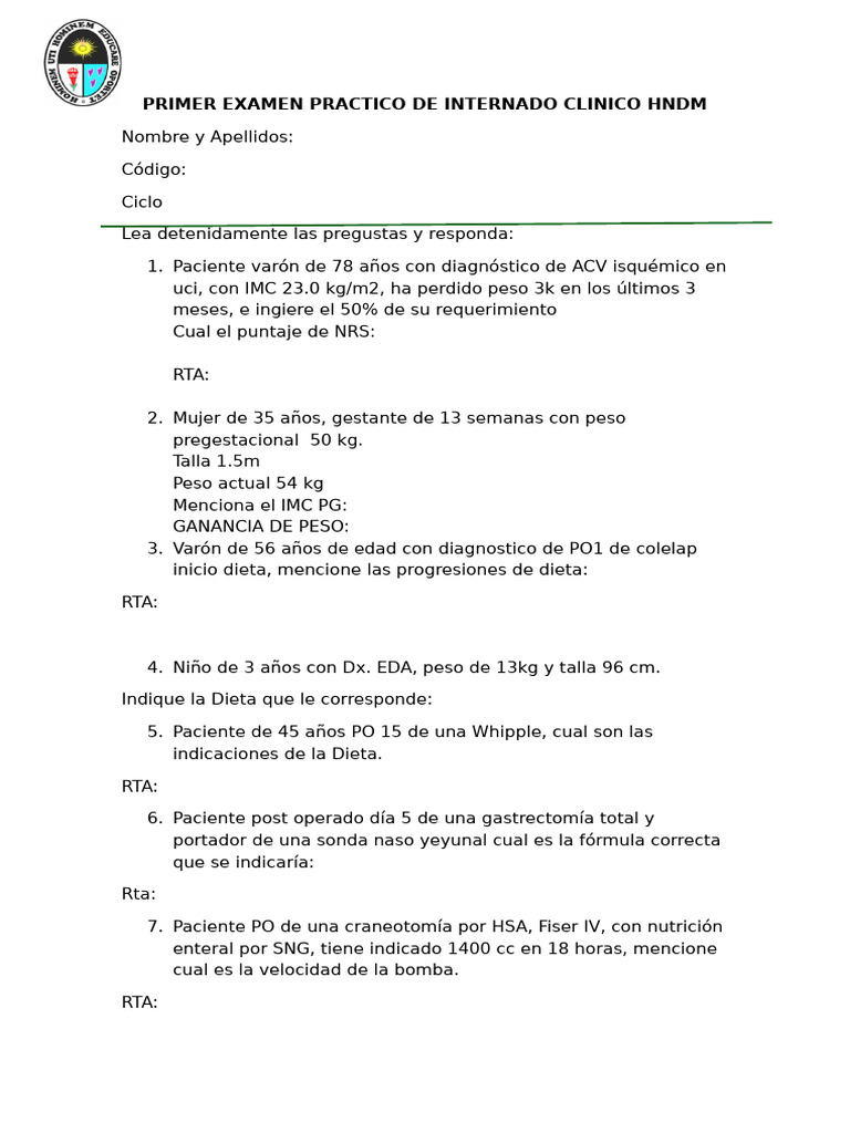 Examen Nutrición Clínica Internado | PDF | Salud y bienestar