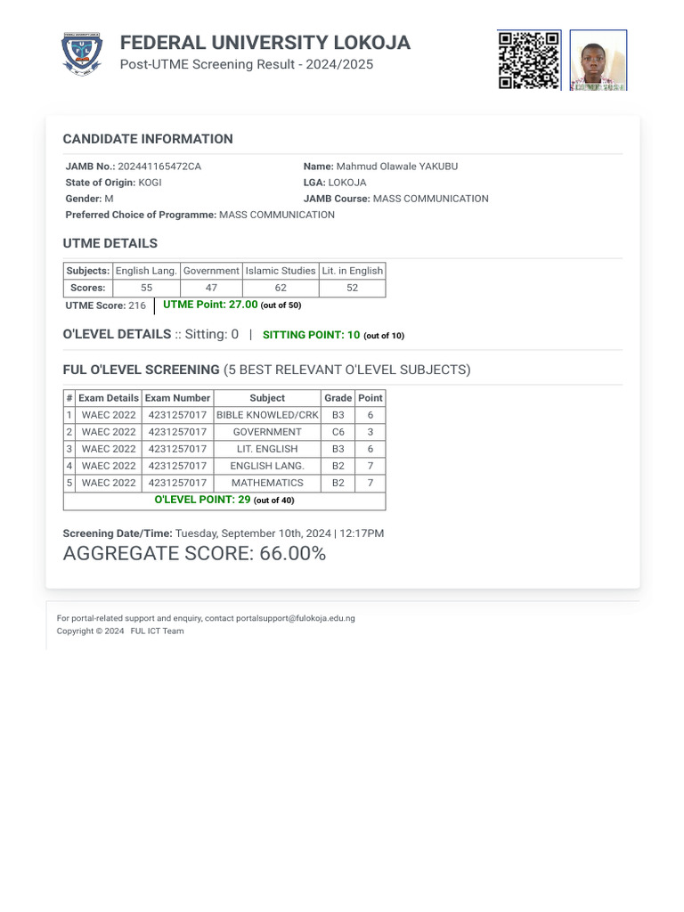 202441165472CA Result - FUL Post UTME Portal | PDF