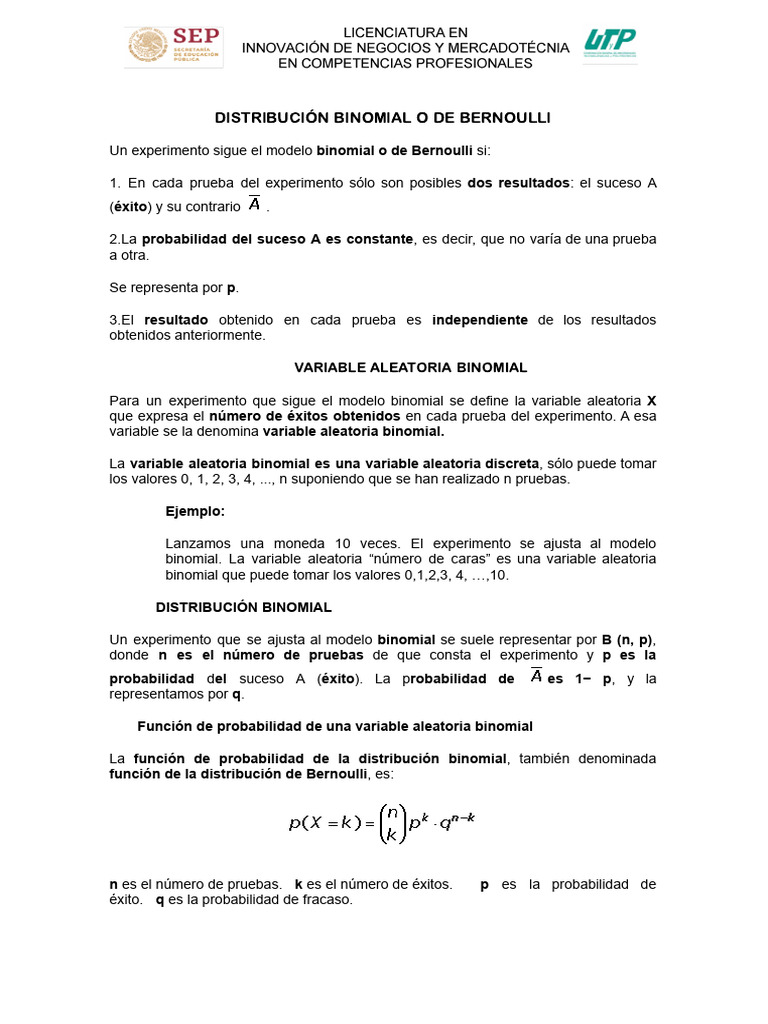 UNIDAD II EJERCISIOS Distrubici-n-Bernoulli y Binomial | PDF | Teoría de probabilidad | Variable ...