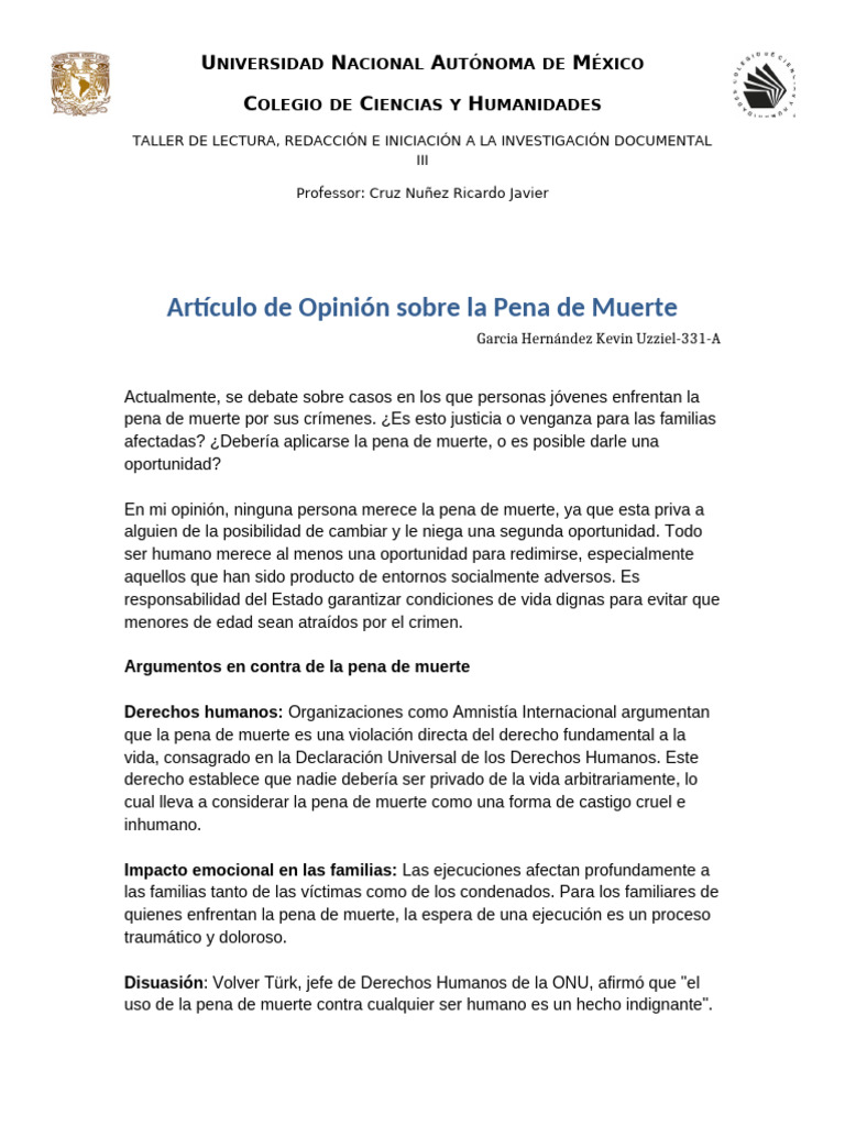 Articulo de Opinion de La Pena de Muerte 331-A | PDF | Pena capital | Castigos
