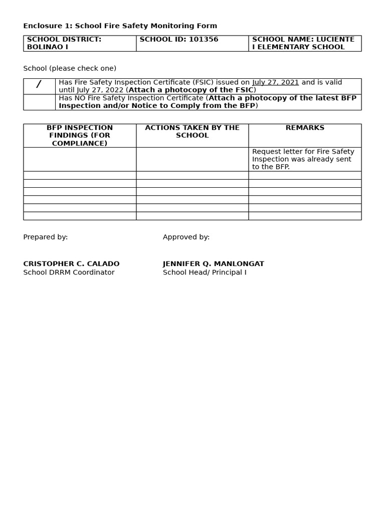 School Fire Safety Monitoring Form | PDF