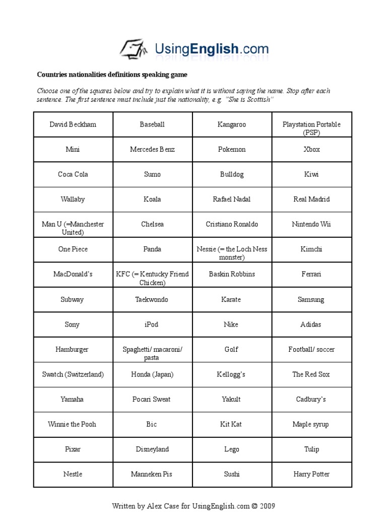 Countries and Nationalities Speaking Game | PDF | Games & Activities