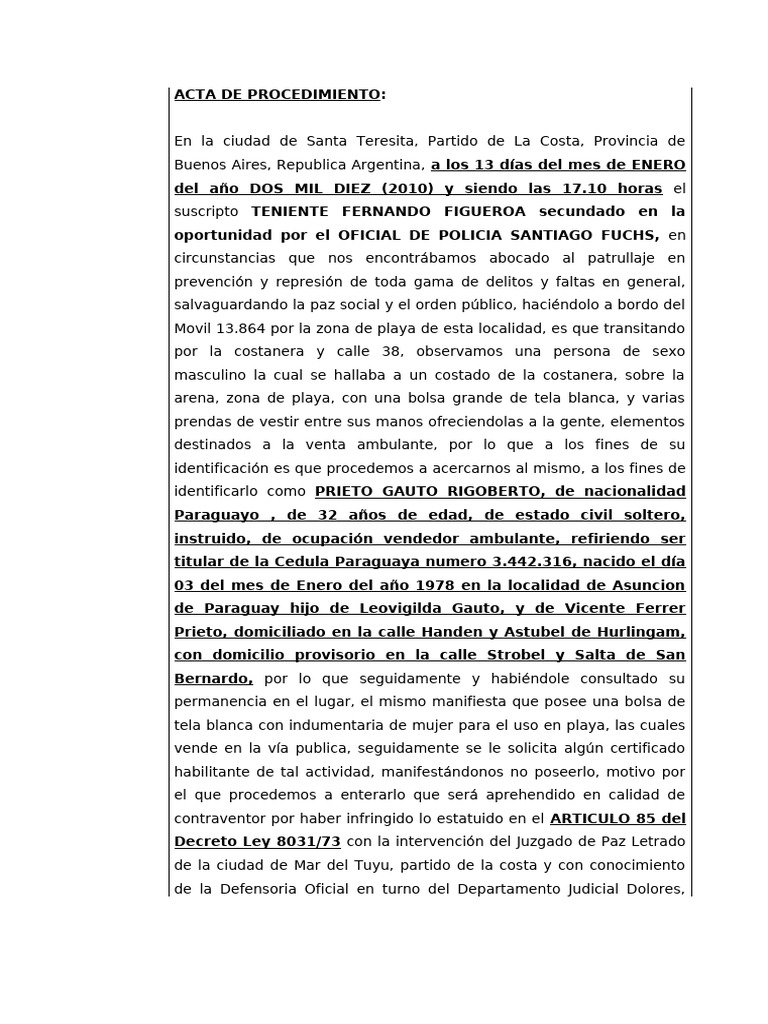 ACTA DE PROCEDIMIENTO Contravencion 85 8031 | PDF | Ciencias sociales