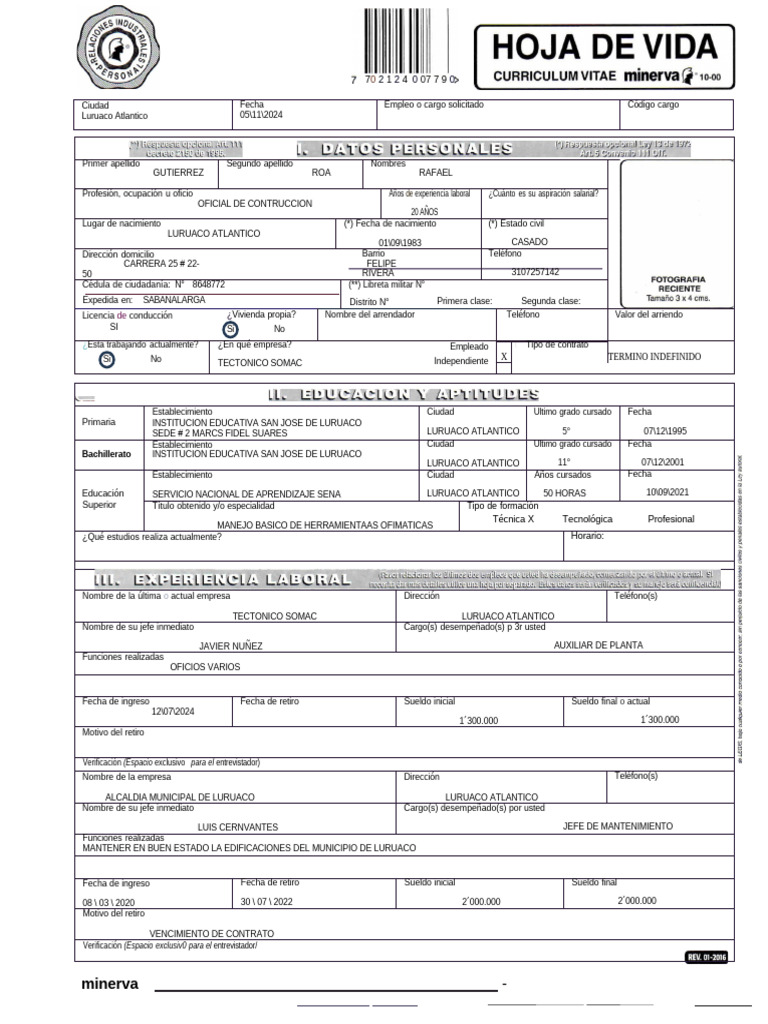 Hoja de Vida Minerva 10 00 Editable | PDF