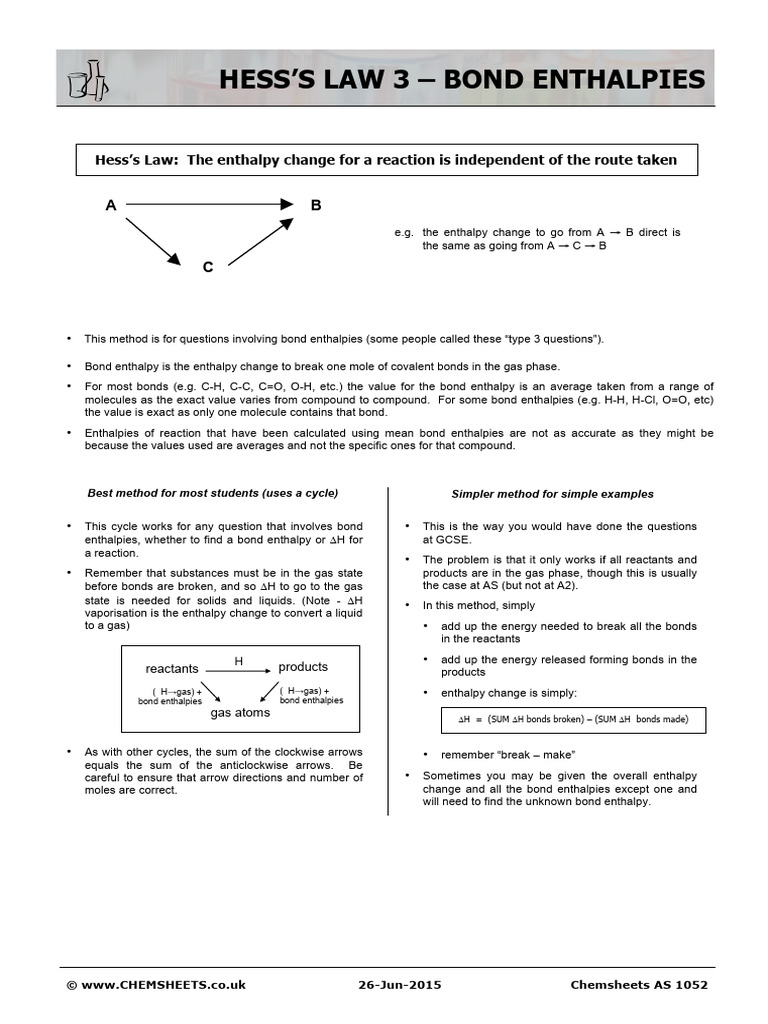 Chemsheets AS 1052 Hesss Law 3 Bond Energies | PDF | Chemical Compounds ...
