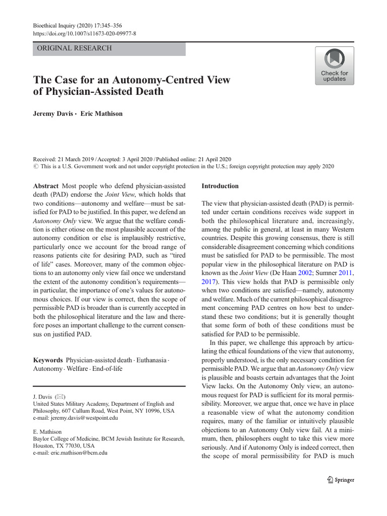The Case For An Autonomy Centred View of Physician Assisted Death | PDF ...