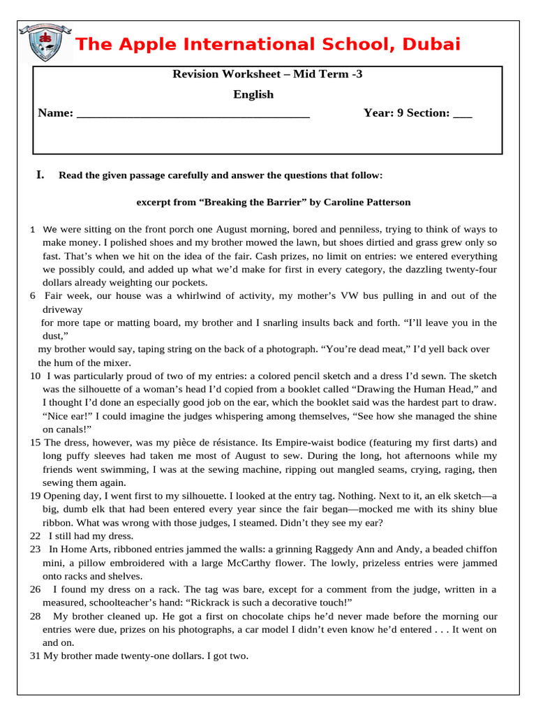 English Revision Worksheet Year 9 | PDF