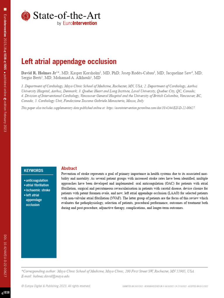 Left Atrial Appendage Occlusion Eurointervention | PDF | Stroke ...