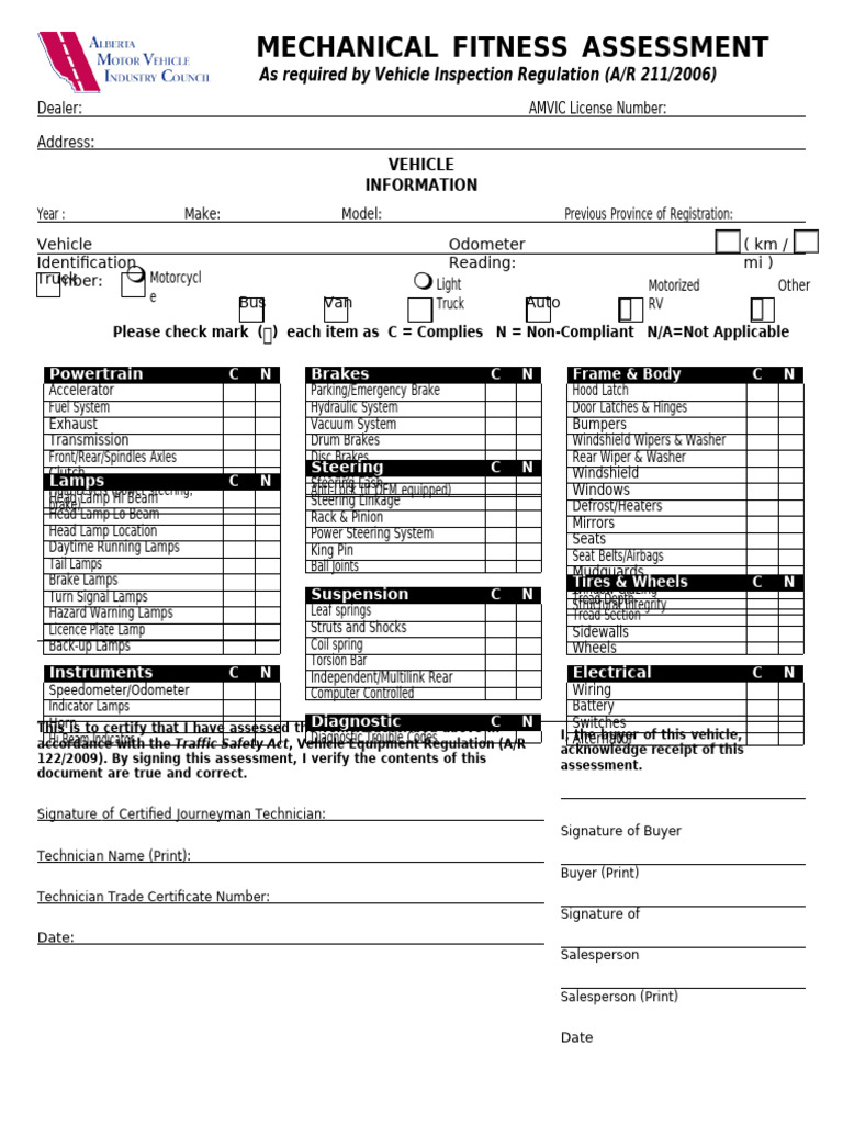 Main - Mechanical Fitness Assessment Form Alberta | PDF | Steering | Brake