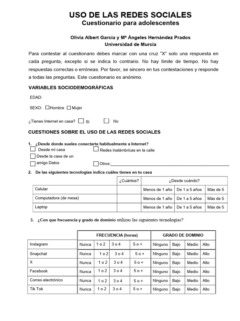 Cuestionarios de Uso de Las Redes Sociales y Autoimagen | PDF | Cuestionario | Internet