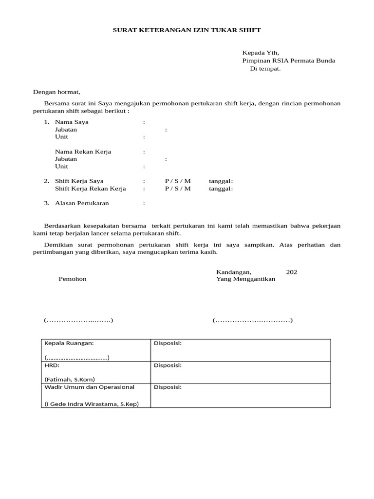 Surat Keterangan Izin Tukar Shift | PDF