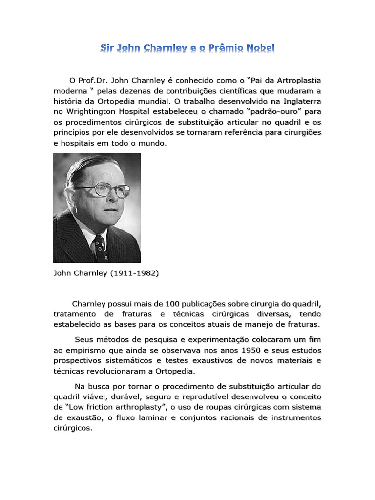 Sir John Charnley Premio Nobel | PDF | Prêmio Nobel | Cirurgião