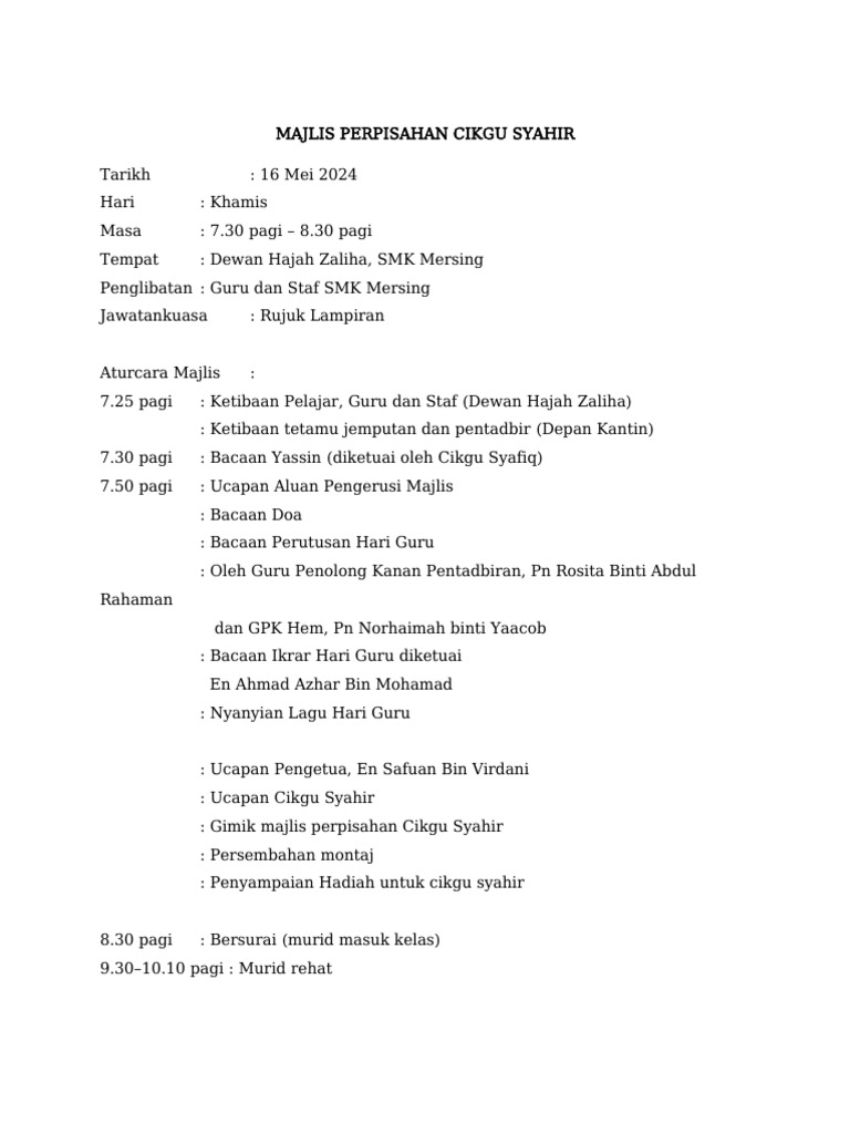 Tentatif Majlis Perpisahan Cikgu Syahir | PDF