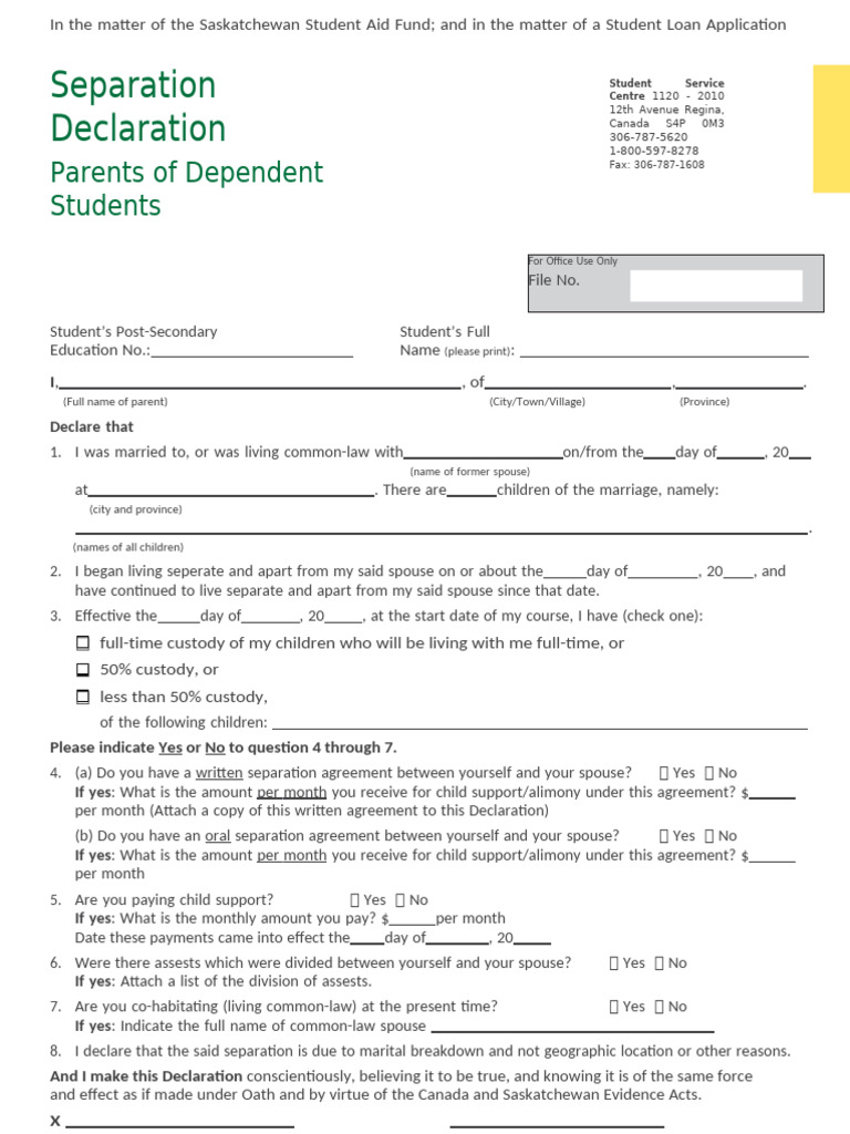 Saskatchewan Separation Declaration Form | PDF | Child Custody | Child ...