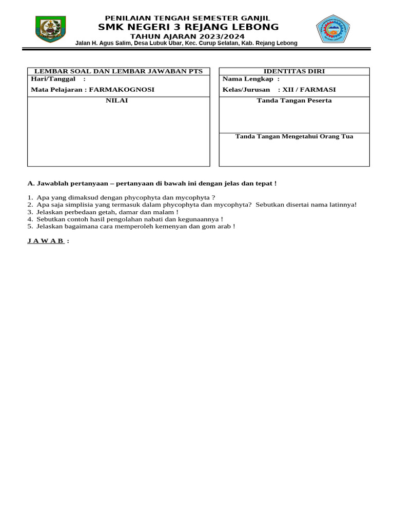 Soal PTS Xii Farmasi Farmakognosi 2023 | PDF | Kajian Bahasa Asing | Kesehatan Holistik