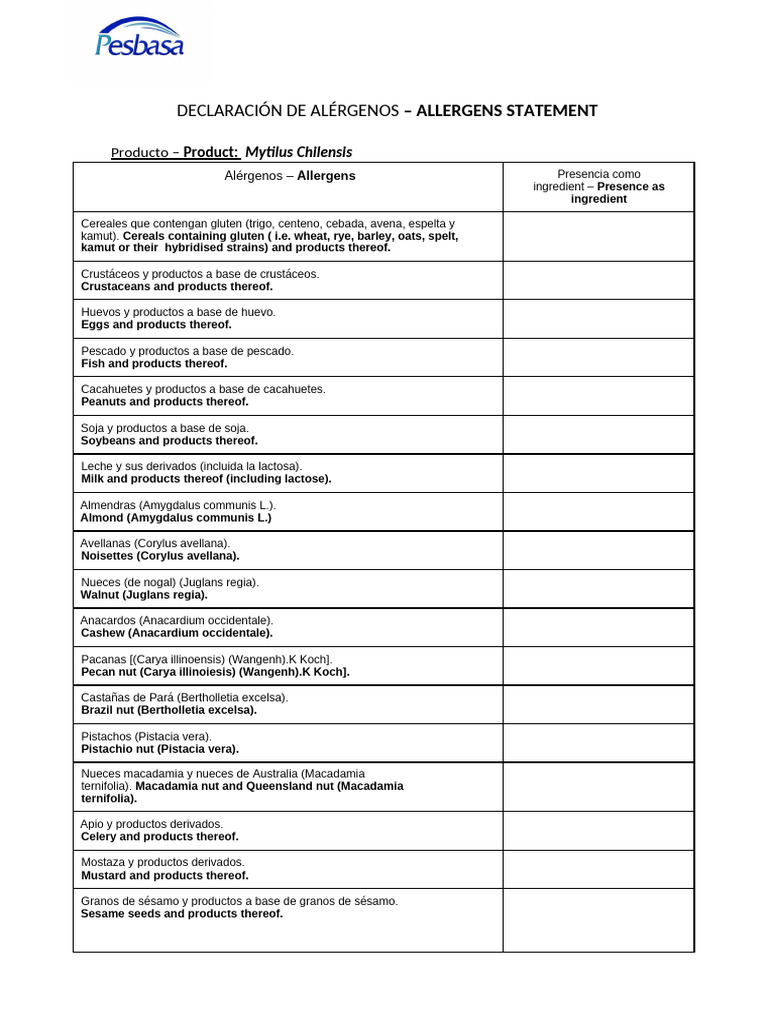 Declaración de Alérgenos - Allergens Statement | PDF | Cocina vegana ...
