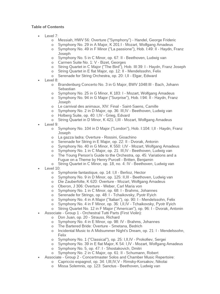Table of Level Excerpts | PDF | Opus Number | Music