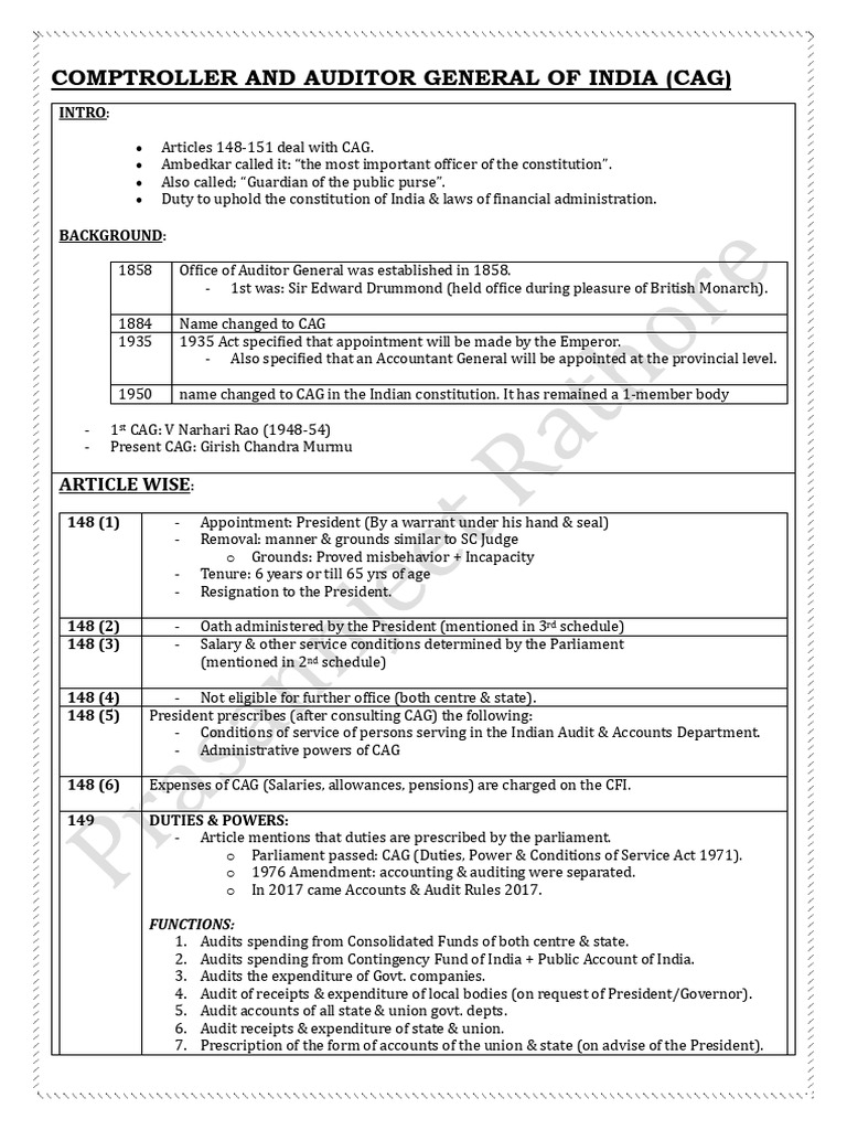 CAG (Sample Notes For Mains + Pre) | PDF | Government | Governance