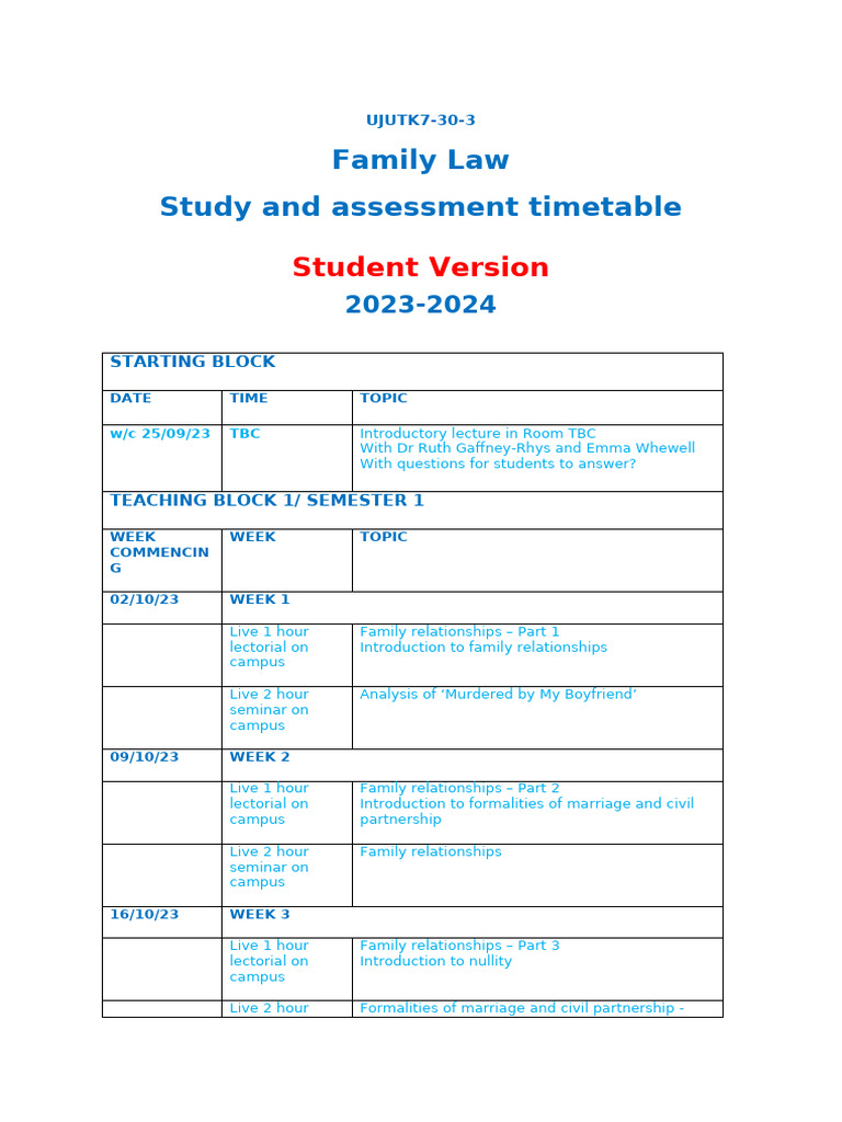Family Law Study and Assessment Calendar STUDENT VERSION 2023-2024 ...