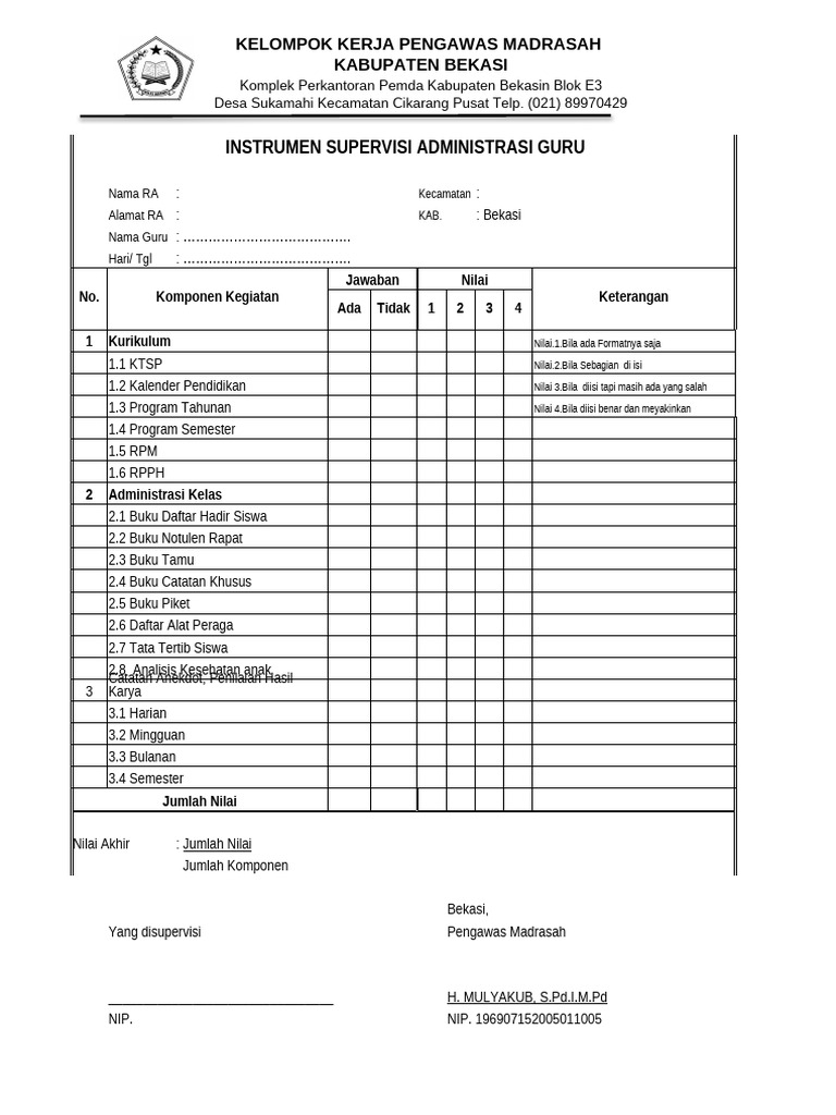 Instrumen Supervisi Guru RA | PDF