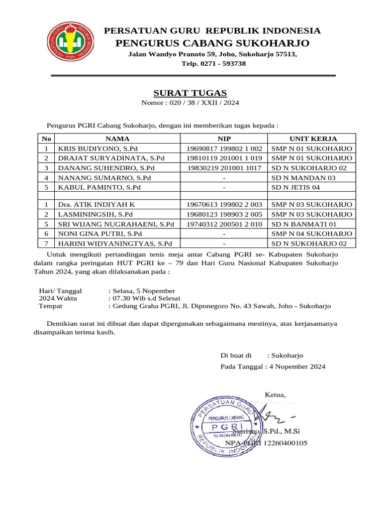 Surat Tugas Pgri | PDF