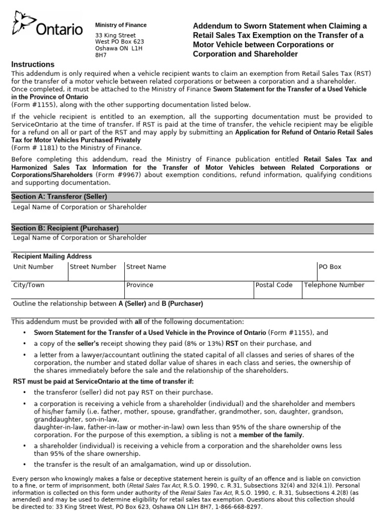RST Exemption Addendum for Vehicle Transfer | PDF | Taxes | Sales Taxes ...