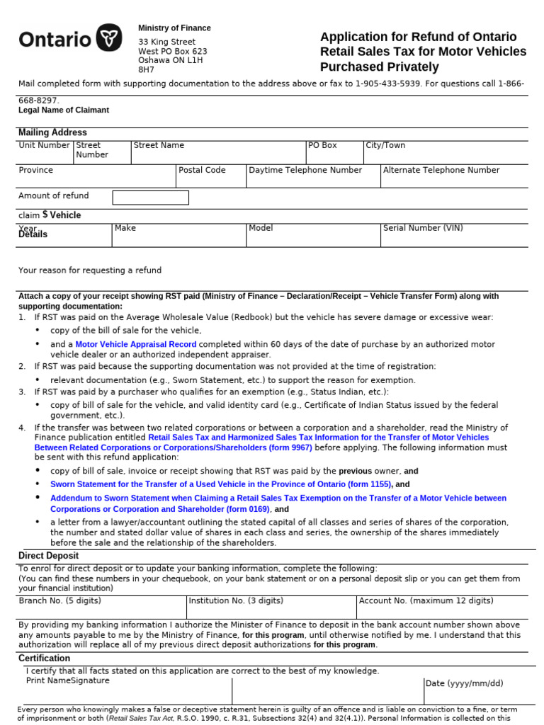 Ontario PST Refund Application for Vehicles | PDF | Receipt | Taxes