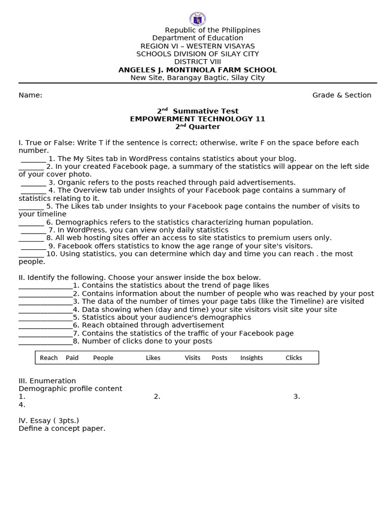2nd Sum Test Emp Tech 2nd Quarter | PDF | Facebook | Statistics