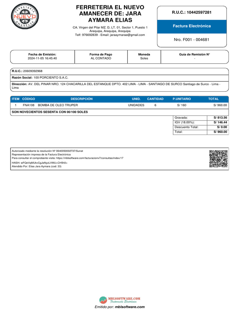 Factura Electrónica de Ferretería 100% S.A.C. | PDF | Industrias de ...