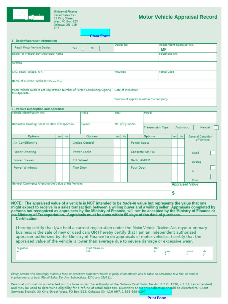 Main Form 1159e Motor Vehicle Appraisal Record Ontario | PDF | Real ...