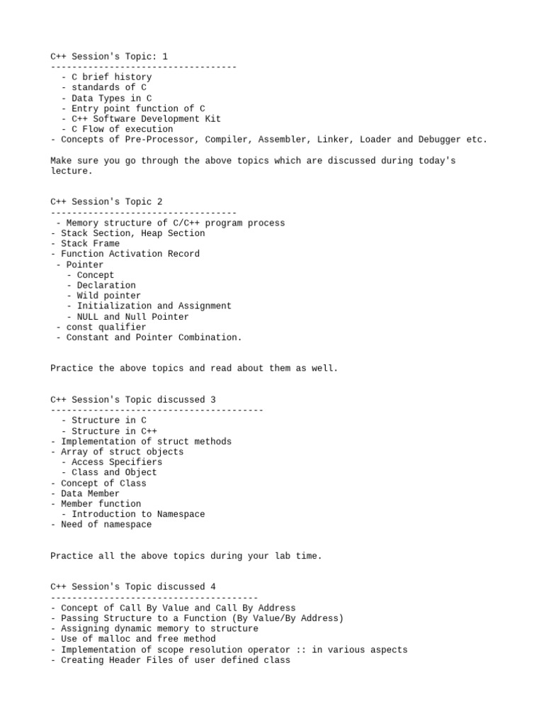 C++ Session's Topic | PDF
