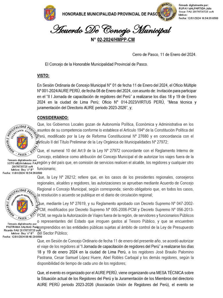 Acuerdo de Concejo Municipal N 002 2024 | PDF | Perú | Gobierno local