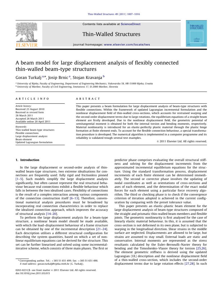 A Beam Model For Large Displacement Analysis of Flexibly Connected Thin ...