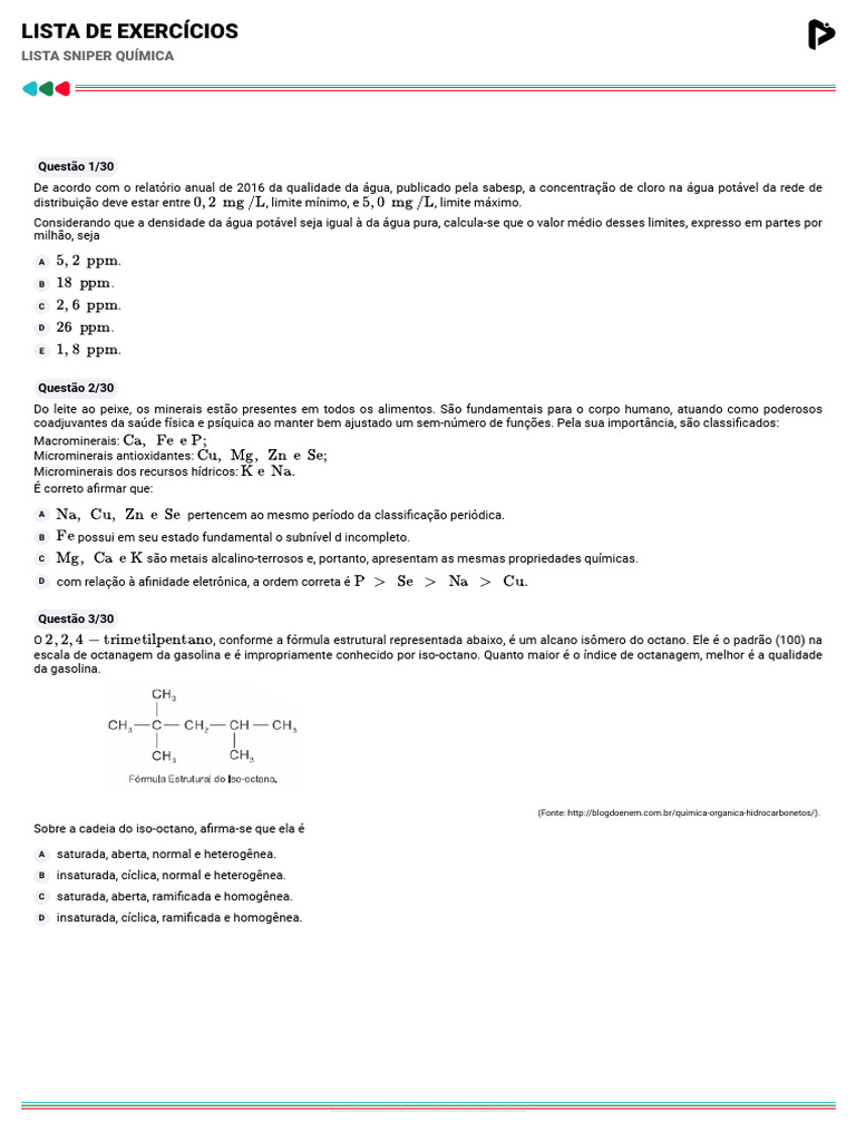 Minha-Lista-De-Exercicio-Lista Sniper QUÍMICA | PDF | Química | Elétron