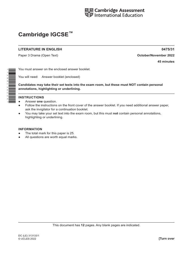 Cambridge IGCSE: Literature in English 0475/31 | PDF | Desdemona | Iago