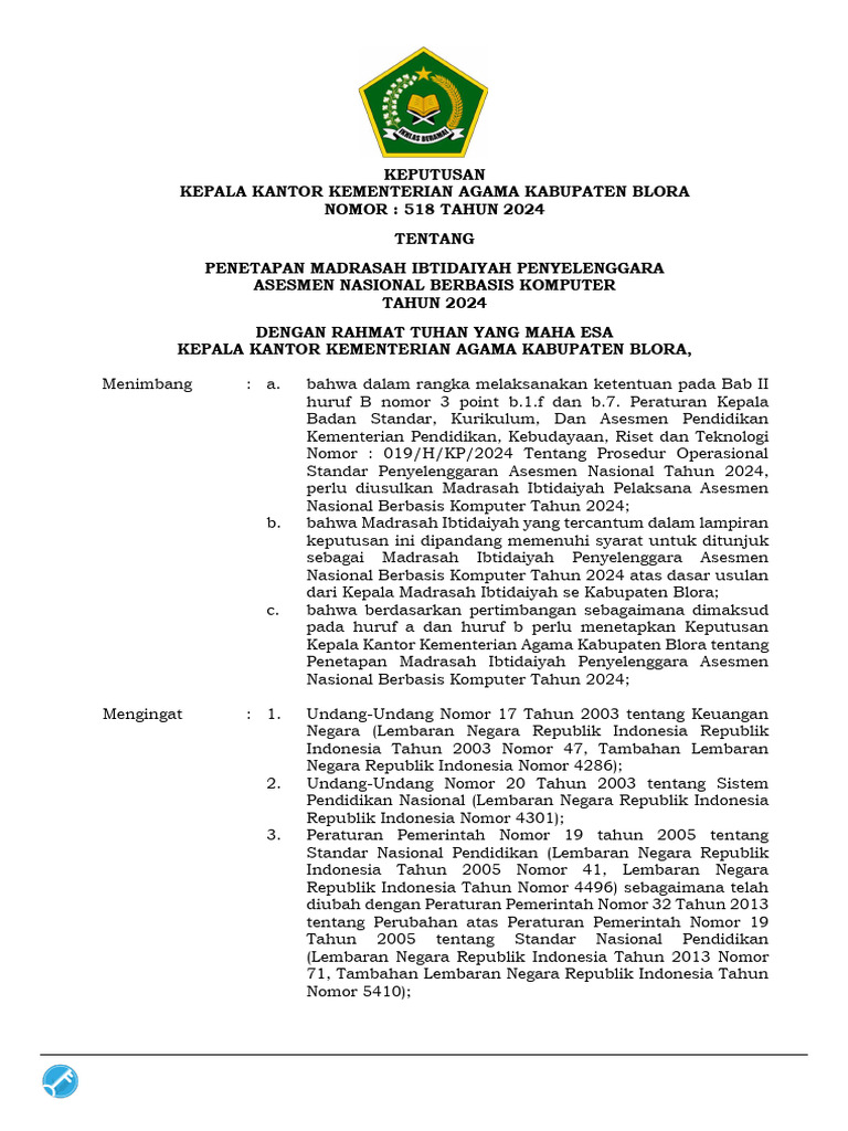 SK MI Penyelenggara ANBK 24 Kirim | PDF