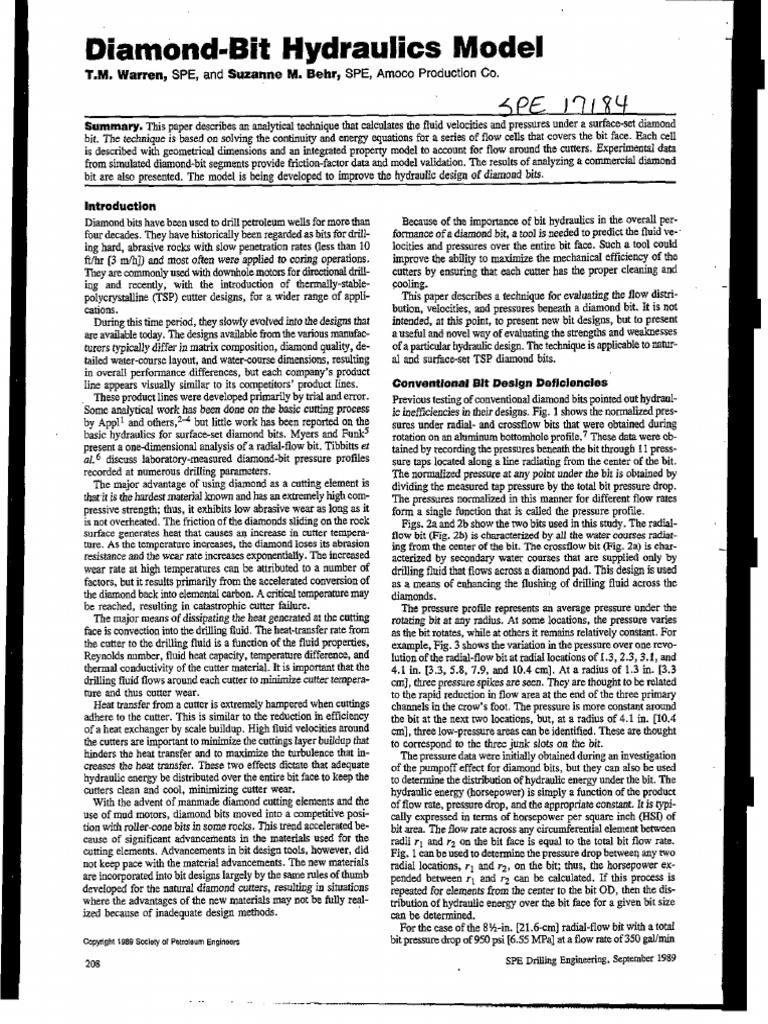 Diamond-Bit Hydraulics Model: Spe, and Spe, Amoco Production Co | PDF ...