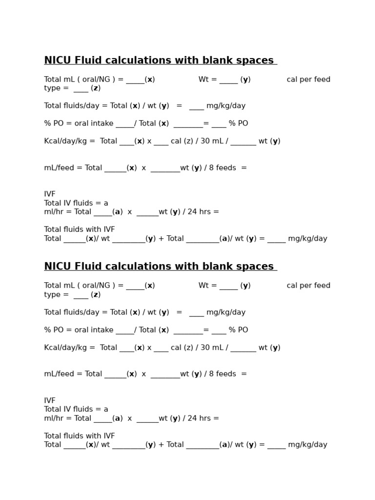 NICU Fluid Calculations With Blank Spaces | PDF | Drugs