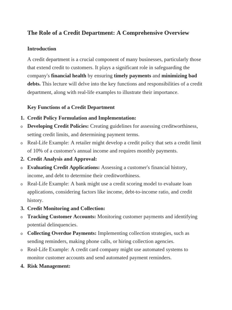The Role of A Credit Department 123 | PDF | Credit | Finance & Money ...