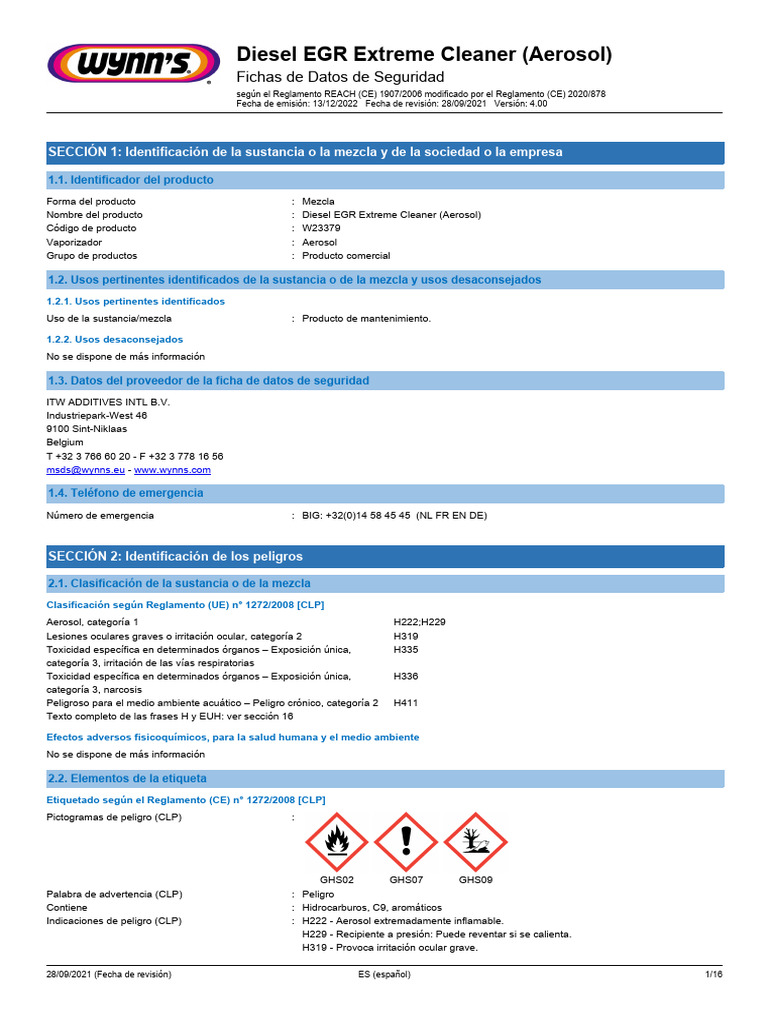 W23379 MSDS Es | PDF | Primeros auxilios | Aerosol