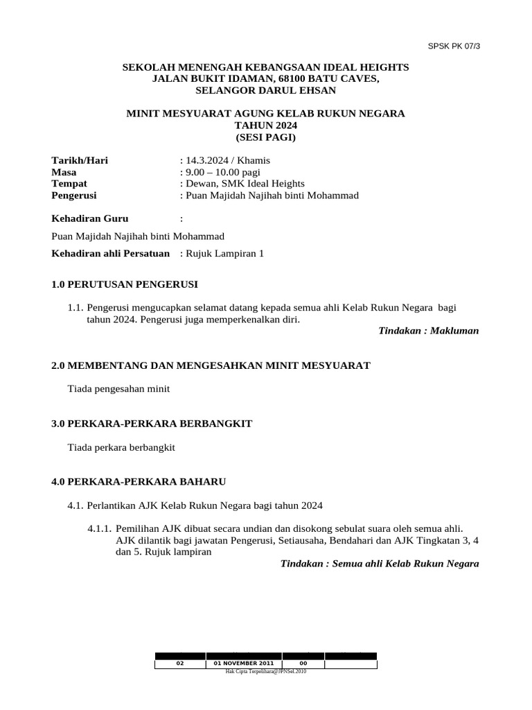 Minit Mesyuarat Kelab Rukun Negara 2024 Sesi Pagi | PDF